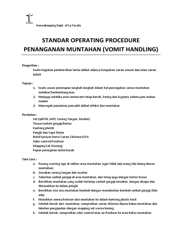 Standar Operating Procedure Penanganan Muntahan (Vomit Handling) | PDF