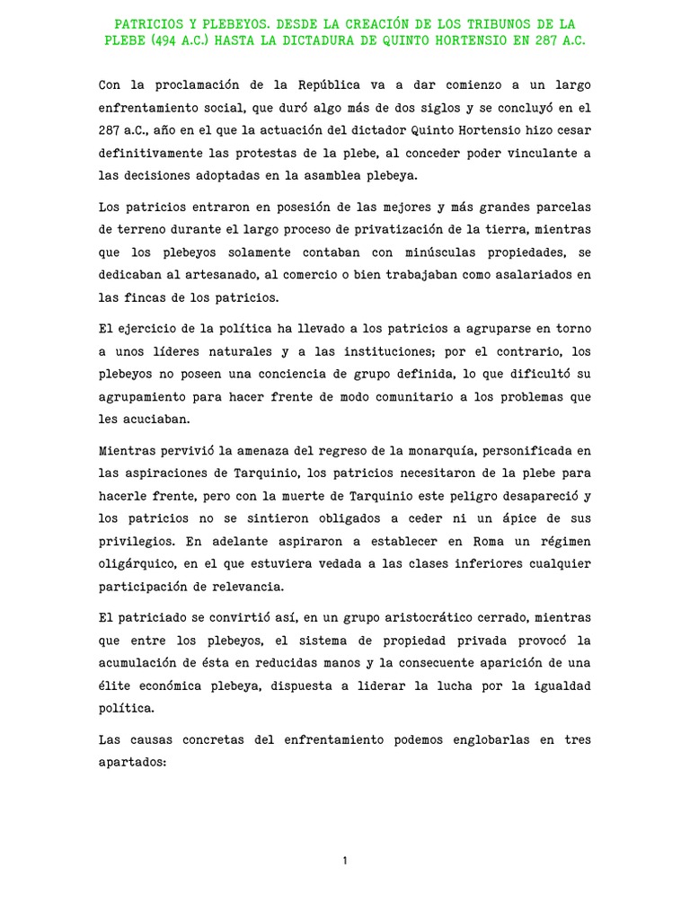 Conflicto Patricios y Plebeyos en Roma | PDF | Republica Romana | Roma ...