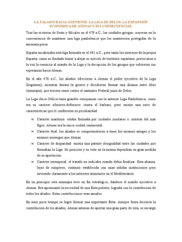 La Talasocracia Ateniense. La Liga de Delos. La Expansión Económica de ...