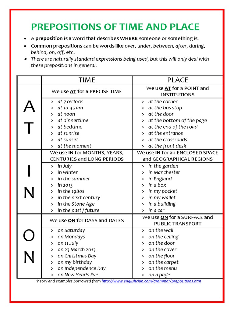 Prepositions of Time and Place in On at Grammar Guides - 53554 | PDF