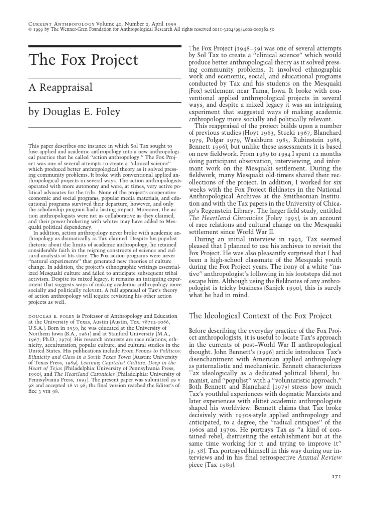 The Fox Project, A Reappraisal | PDF | Anthropology | Science