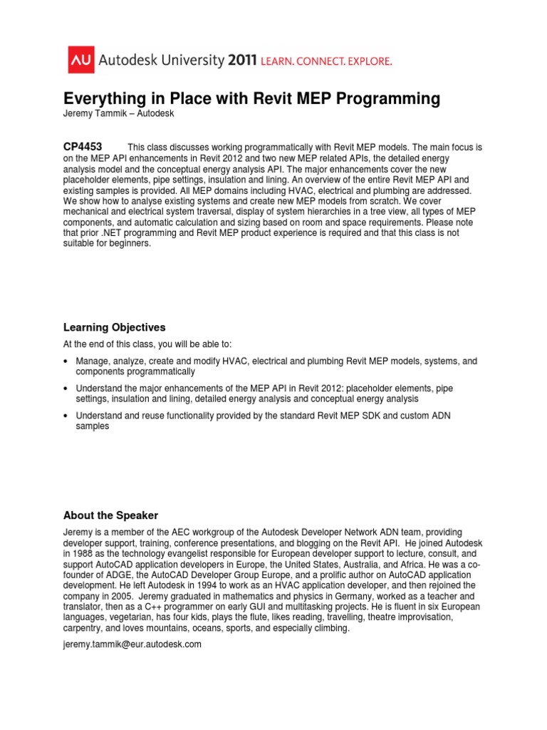 AU2011-CP4453 - Everything in Place with Revit MEP Programming v1 | PDF | Autodesk Revit ...