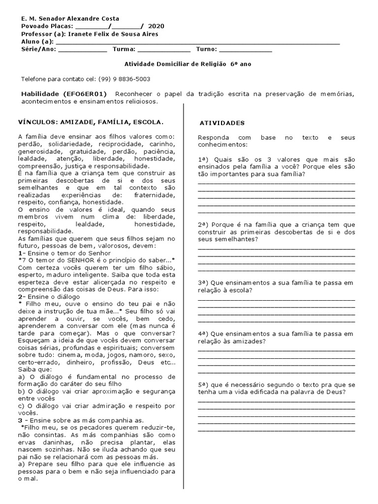 Atividade de Religião 7 Ano | PDF | Família