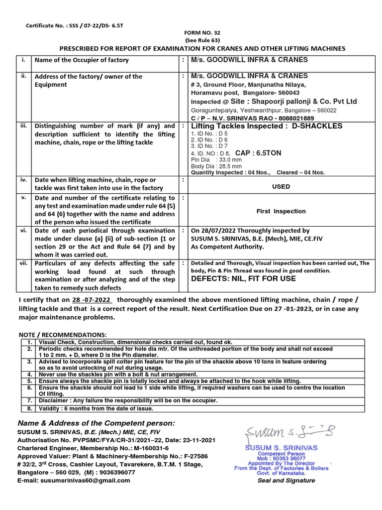 Certificate inspection lifting shackles | PDF | Manufactured Goods