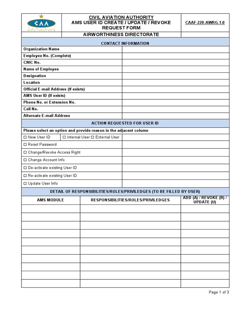 AMS User ID Request Form CAA-220 | PDF | User (Computing) | Password