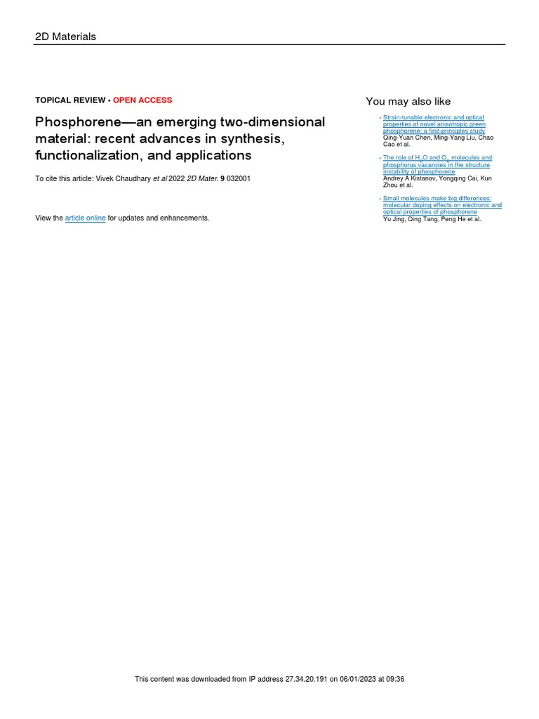 Phosphorene-An Emerging Two-Dimensional Material: Recent Advances in Synthesis ...