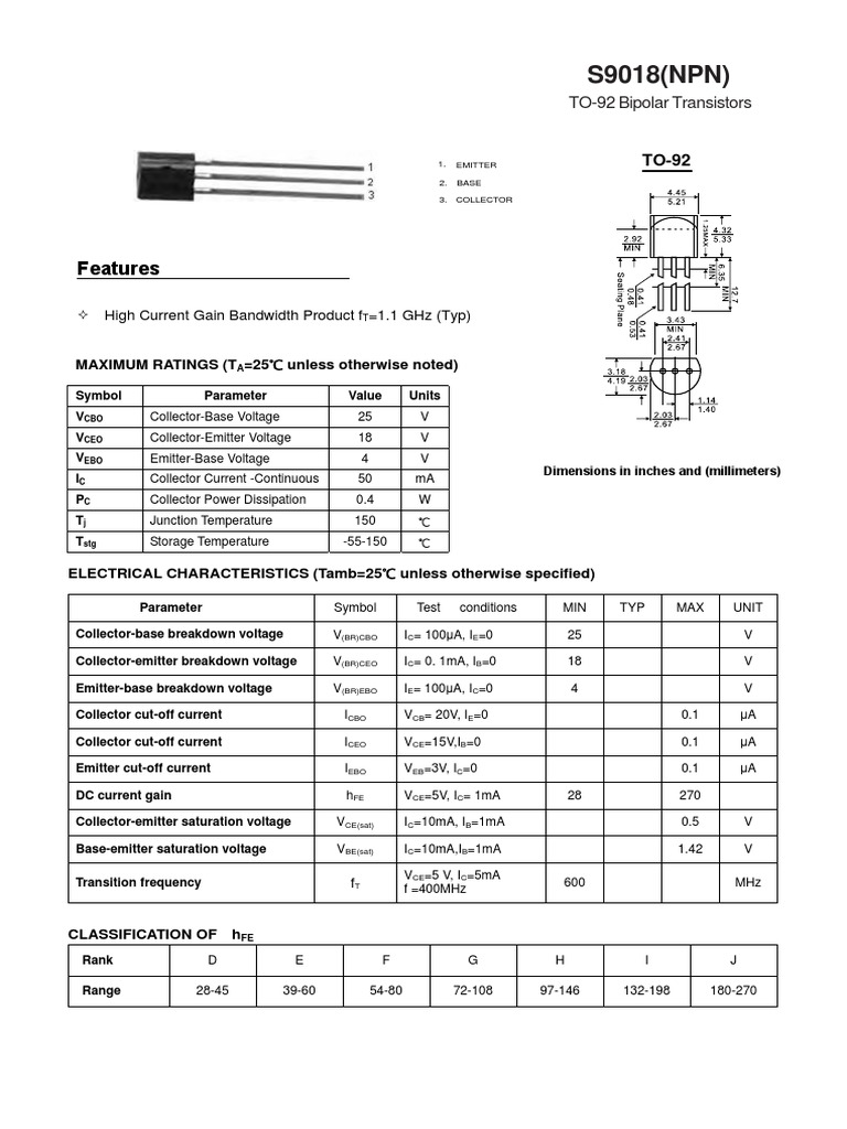 S9018 (NPN) : Features | PDF | Bipolar Junction Transistor ...