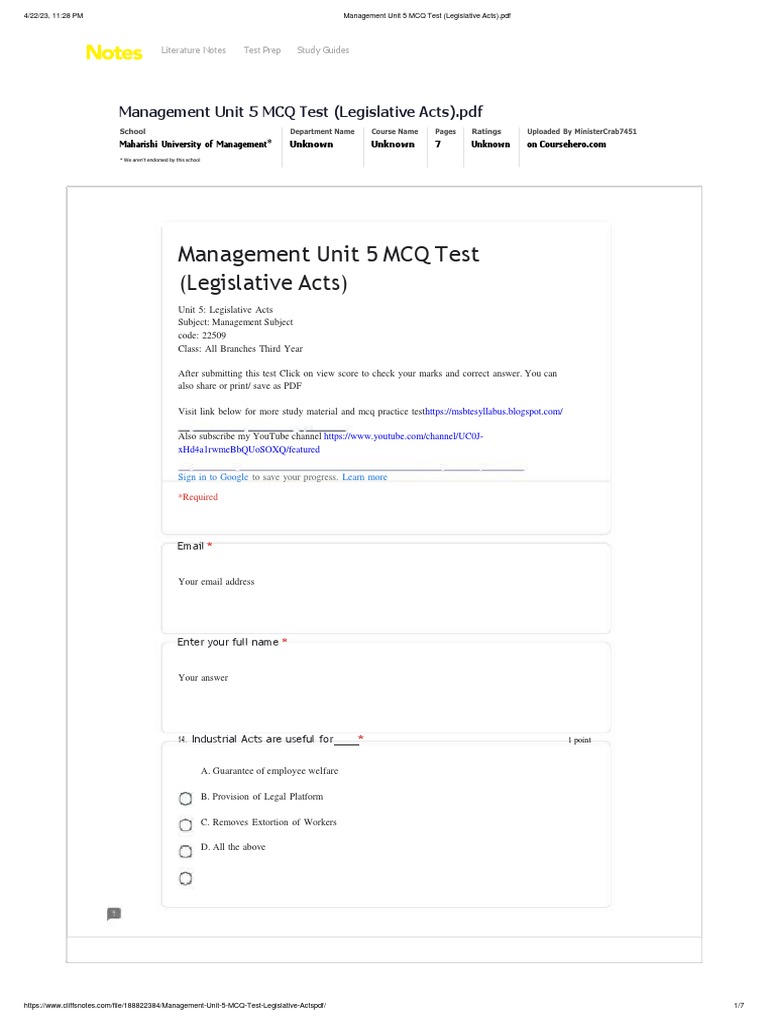 Management Unit 5 MCQ Test (Legislative Acts) | PDF | Employment ...