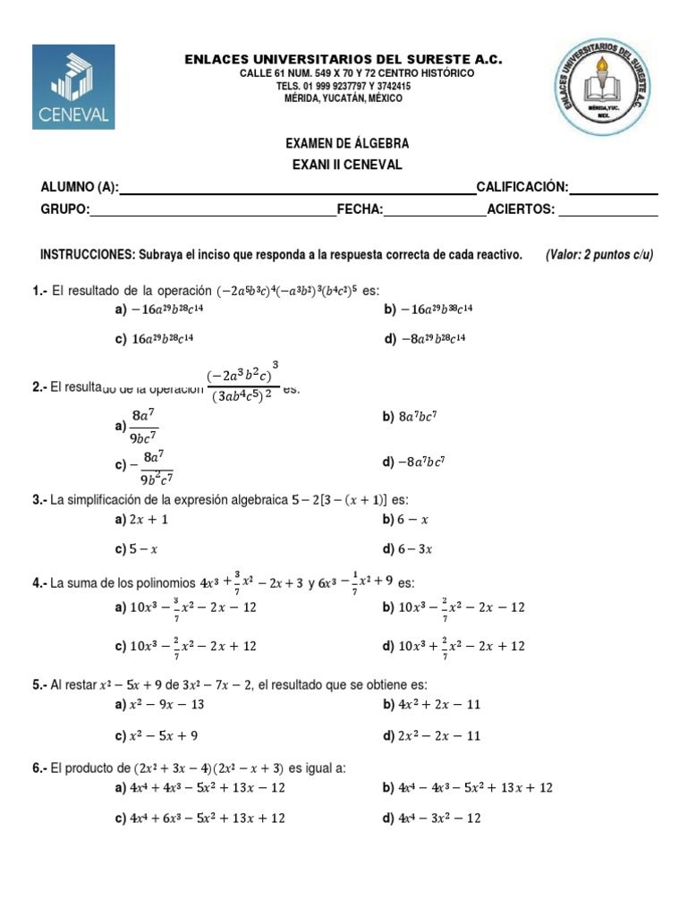 Examen de Álgebra EXANI II CENEVAL | PDF | Ecuaciones | Linealidad