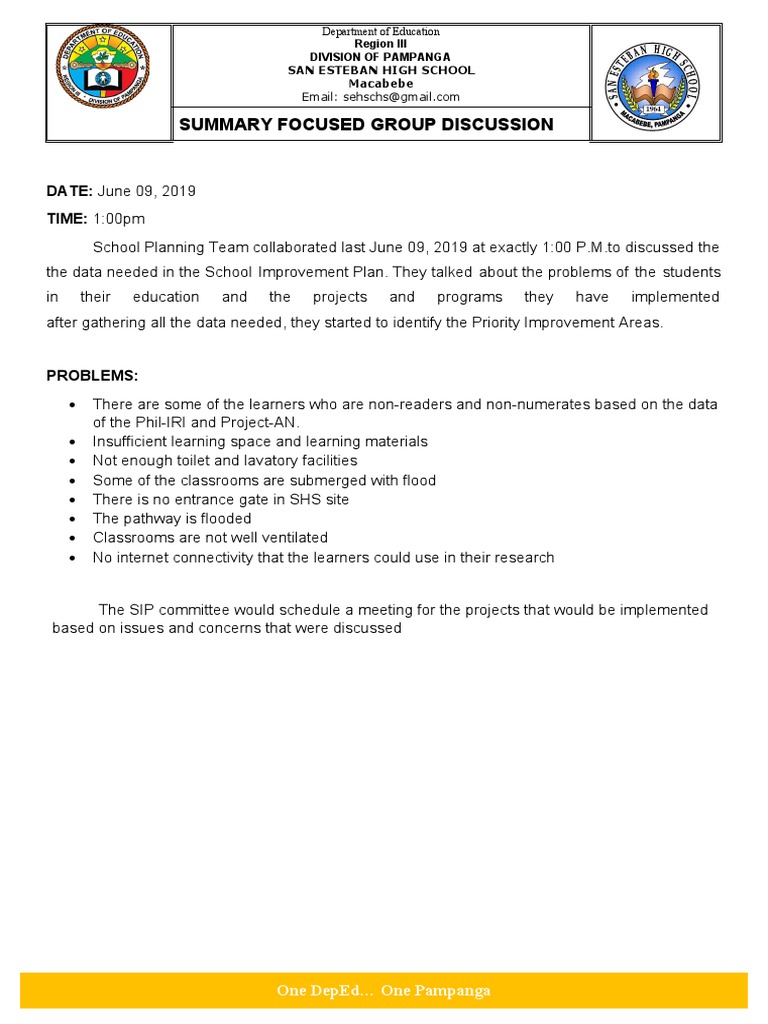 Summary Focused Group Discussion: DATE: June 09, 2019 TIME: 1:00pm | PDF