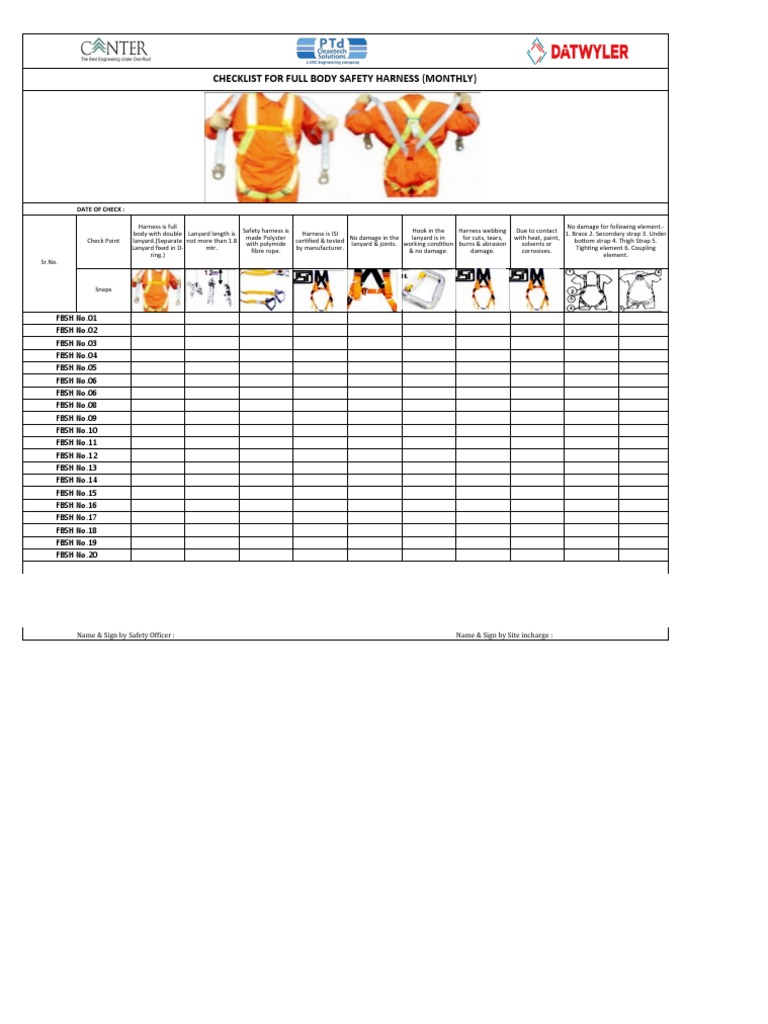 Checklist For Full Body Safety Harness (Monthly) : Date of Check | PDF ...