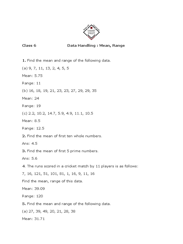 Class 6 Data Handling: Mean & Range | PDF