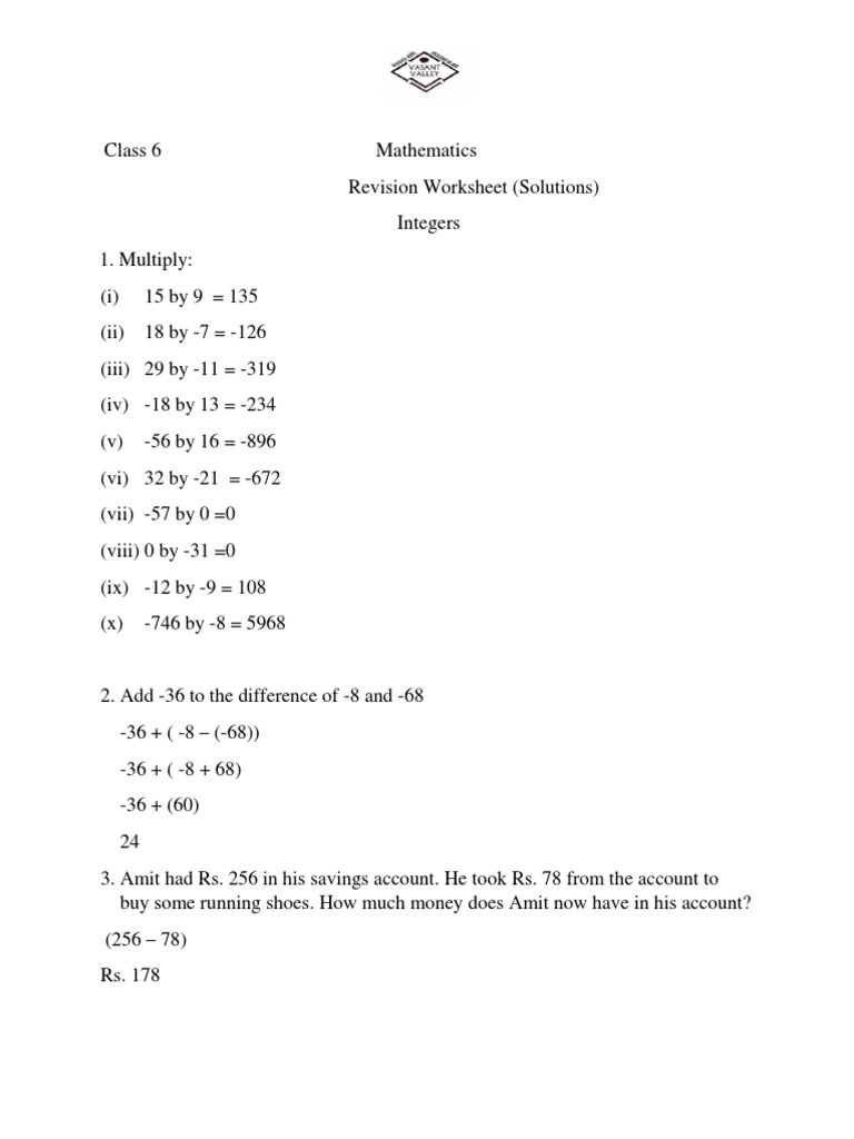 Class 6 Integers Revision Solutions | PDF