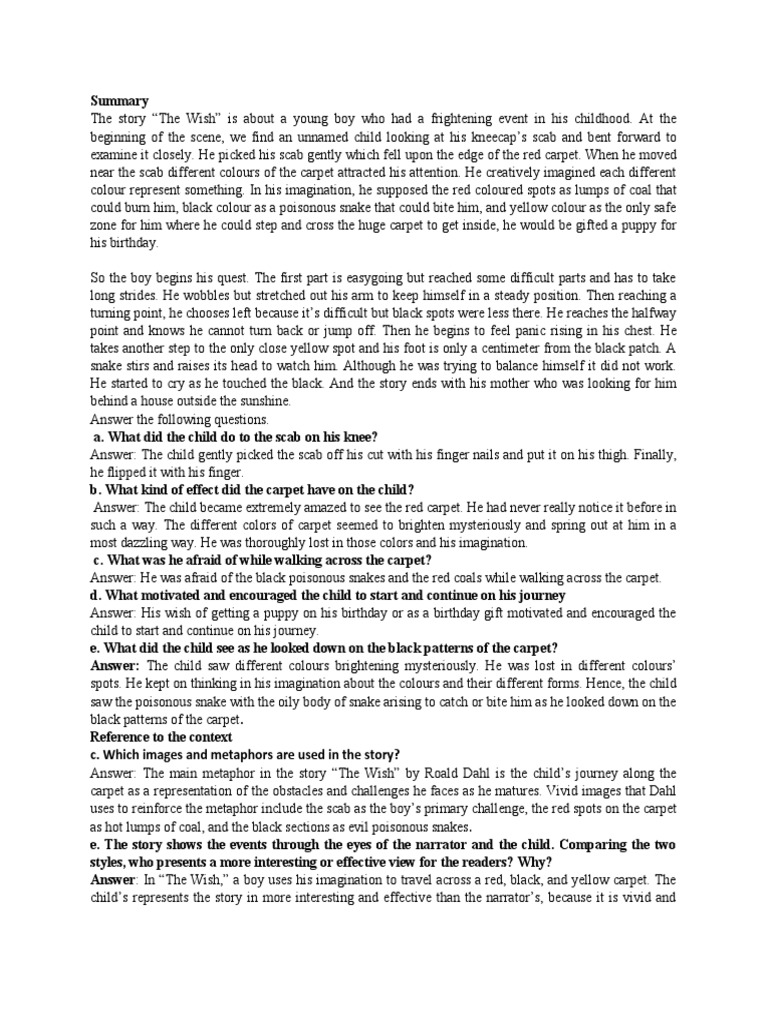 Summary of Roald Dahl's "The Wish" | PDF | Art | General Fiction