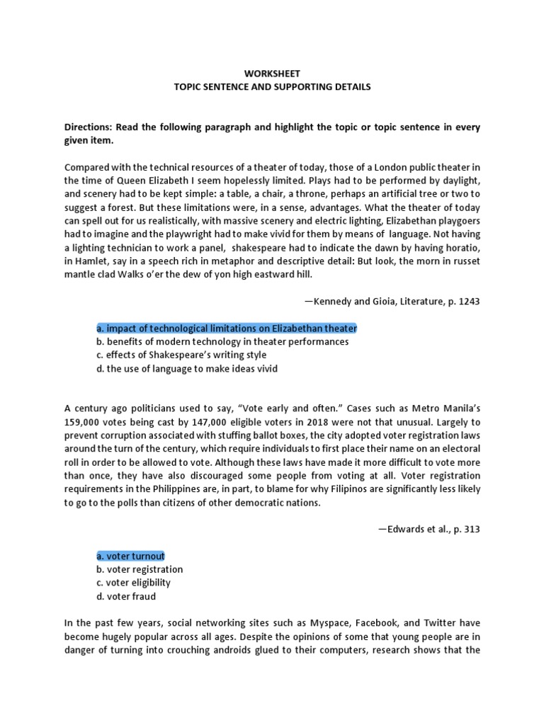 Worksheet Topic Sentence and Supporting Details | PDF | Teenage ...
