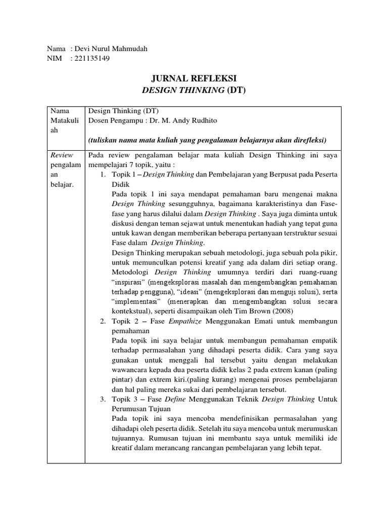 Devi Nurul Mahmudah - 221135149 - Jurnal Refleksi Design Thinking (DT) | PDF