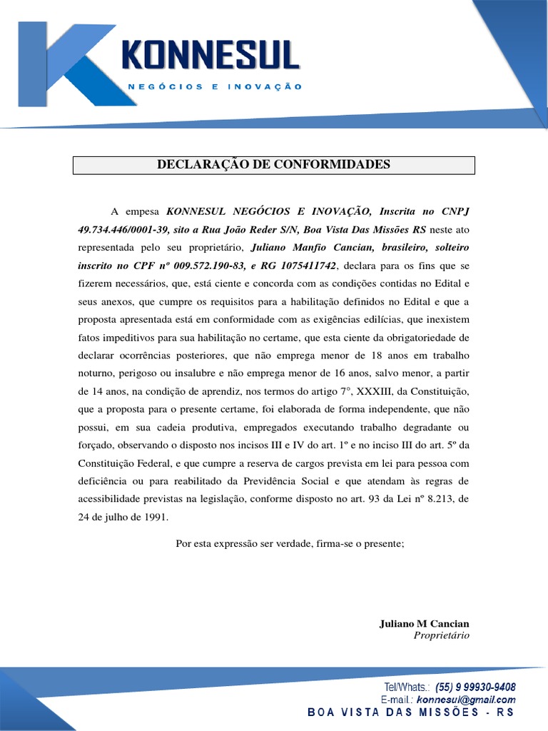 Declaração de Conformidades | PDF