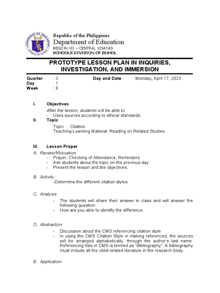 Department of Education: Prototype Lesson Plan in Inquiries ...