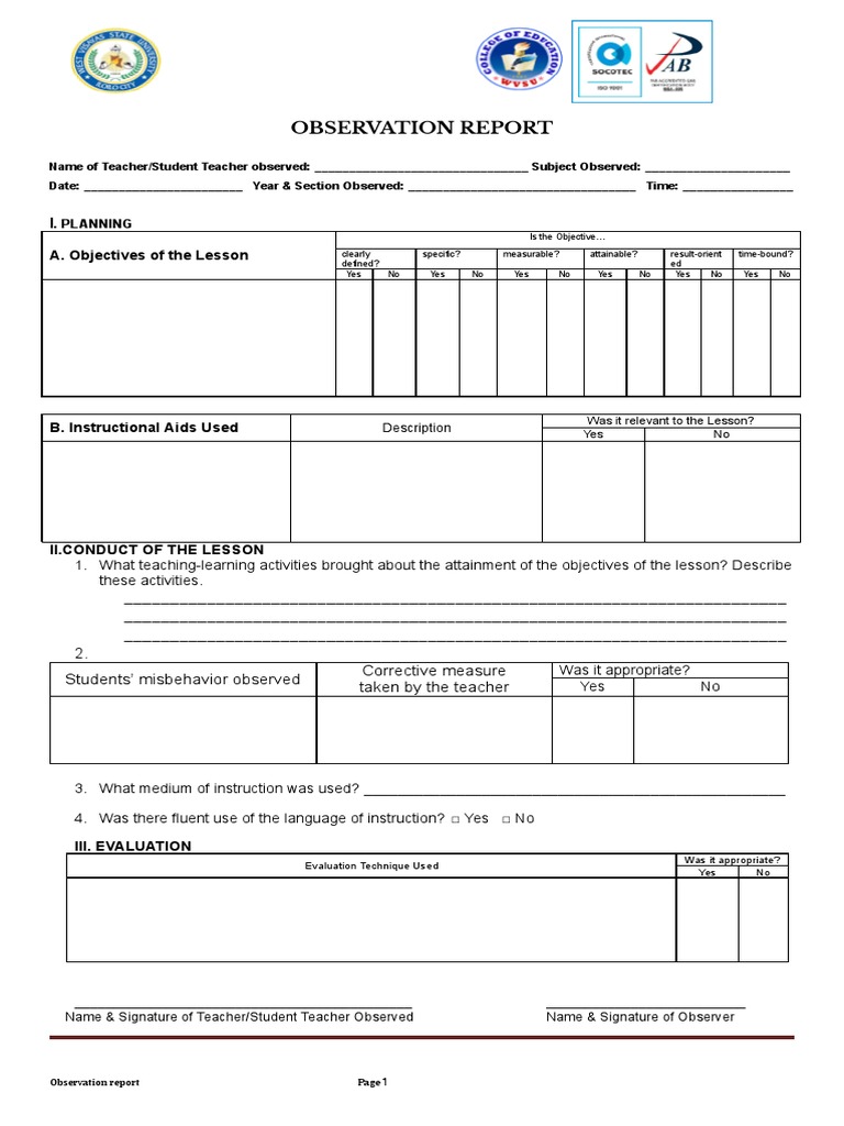 OBSERVATION REPORT For PTs | PDF | Cognition | Learning