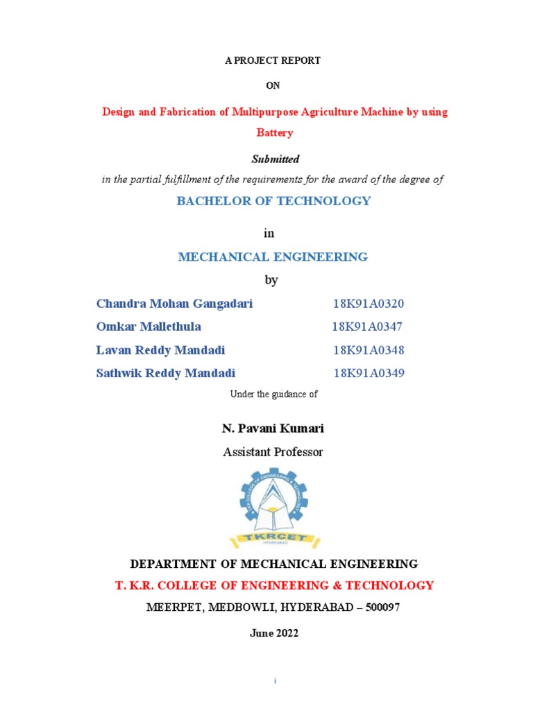 Bachelor of Technology: Design and Fabrication of Multipurpose ...