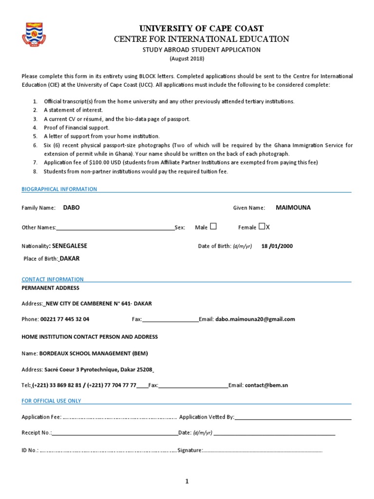 Study Abroad Student Application | PDF