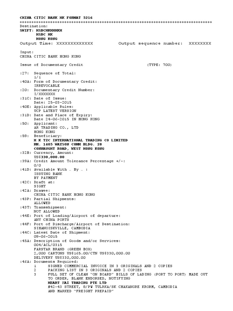 Output Time: XXXXXXXXXXXXX Output Sequence Number: XXXXXXXX | PDF | Bill Of Lading | Letter Of ...