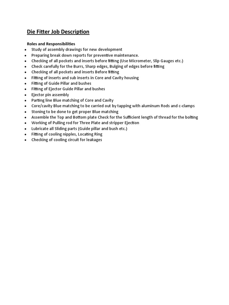Die Fitter Job Description and Duties | PDF