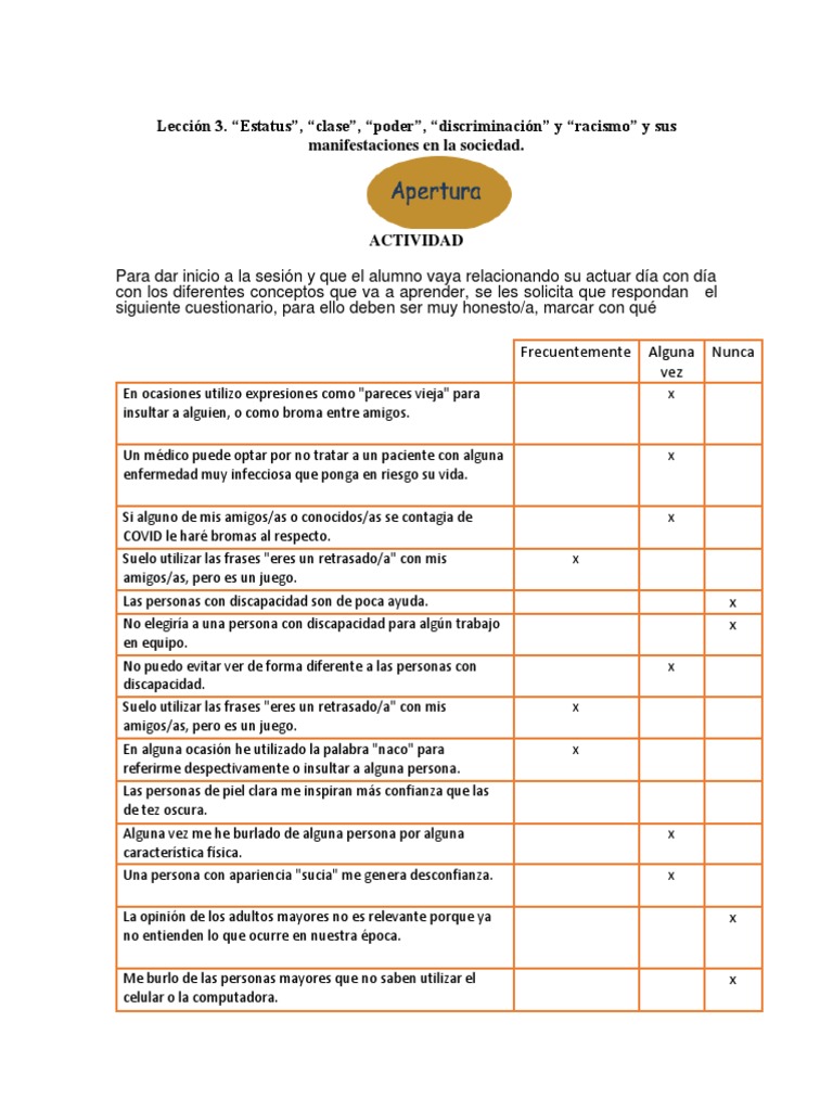 Lección 3. "Estatus", "Clase", "Poder", "Discriminación" y "Racismo" y ...