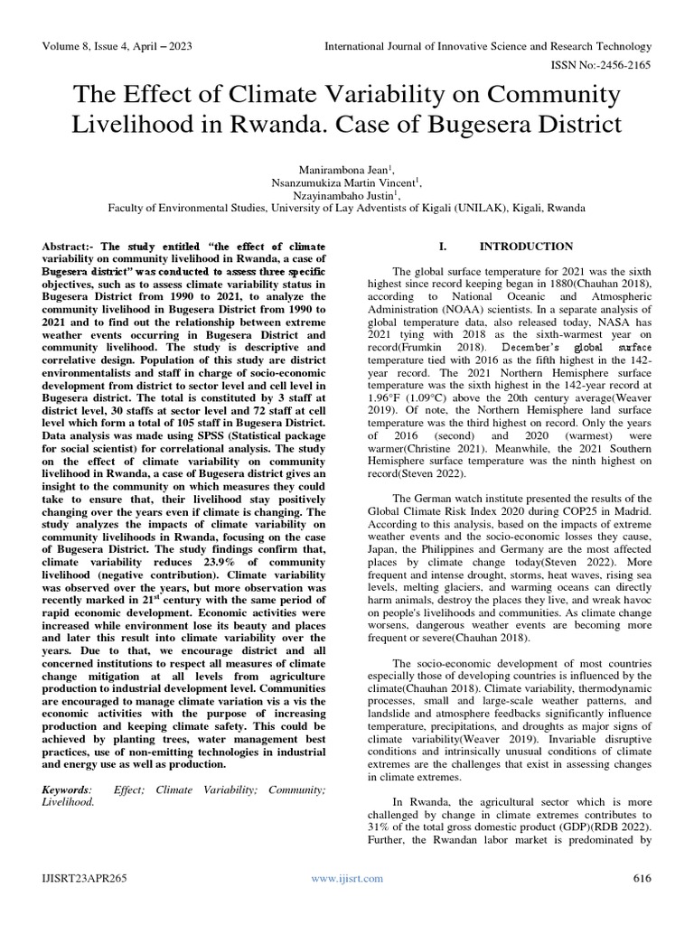 The Effect of Climate Variability On Community Livelihood in Rwanda. Case of Bugesera District ...