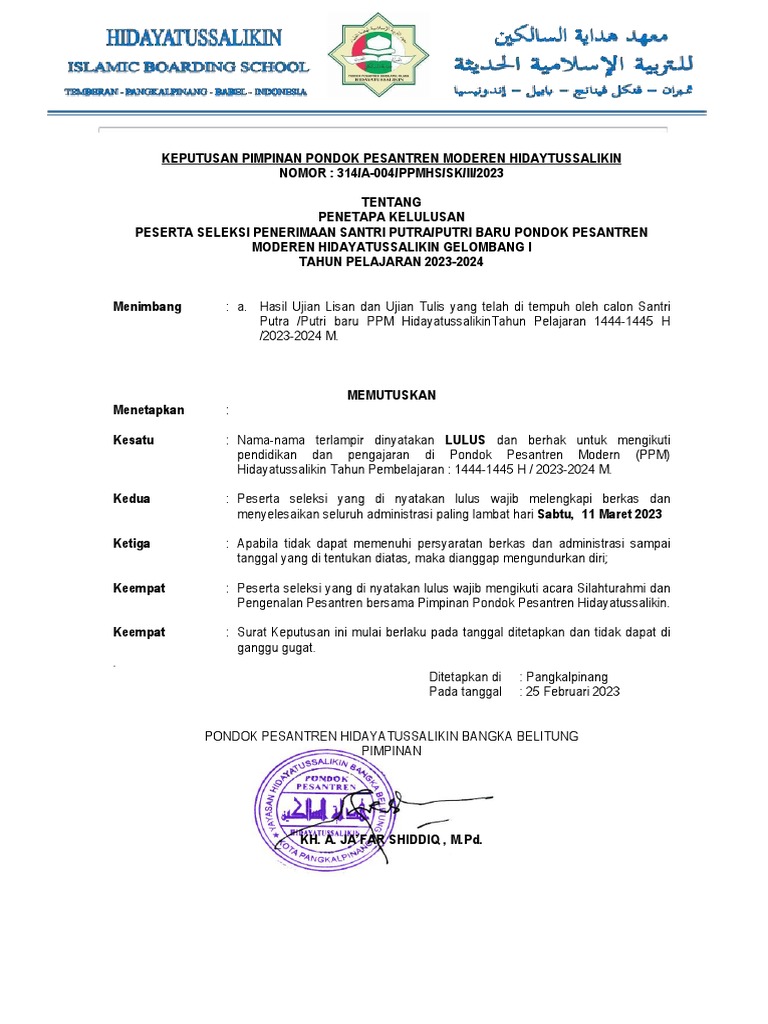 SK Pondok Seleksi Penerimaan Santri Baru Gel I 2023 | PDF