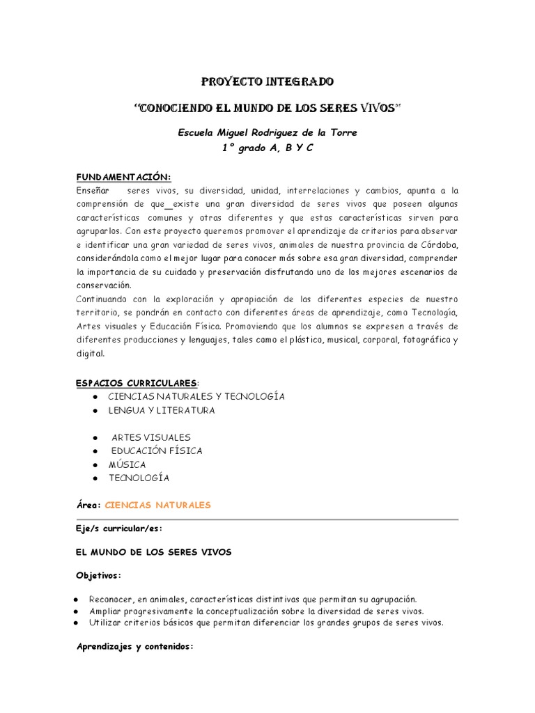 Proyecto Integrado: Seres Vivos en 1° Grado | PDF | Escritura | Aprendizaje