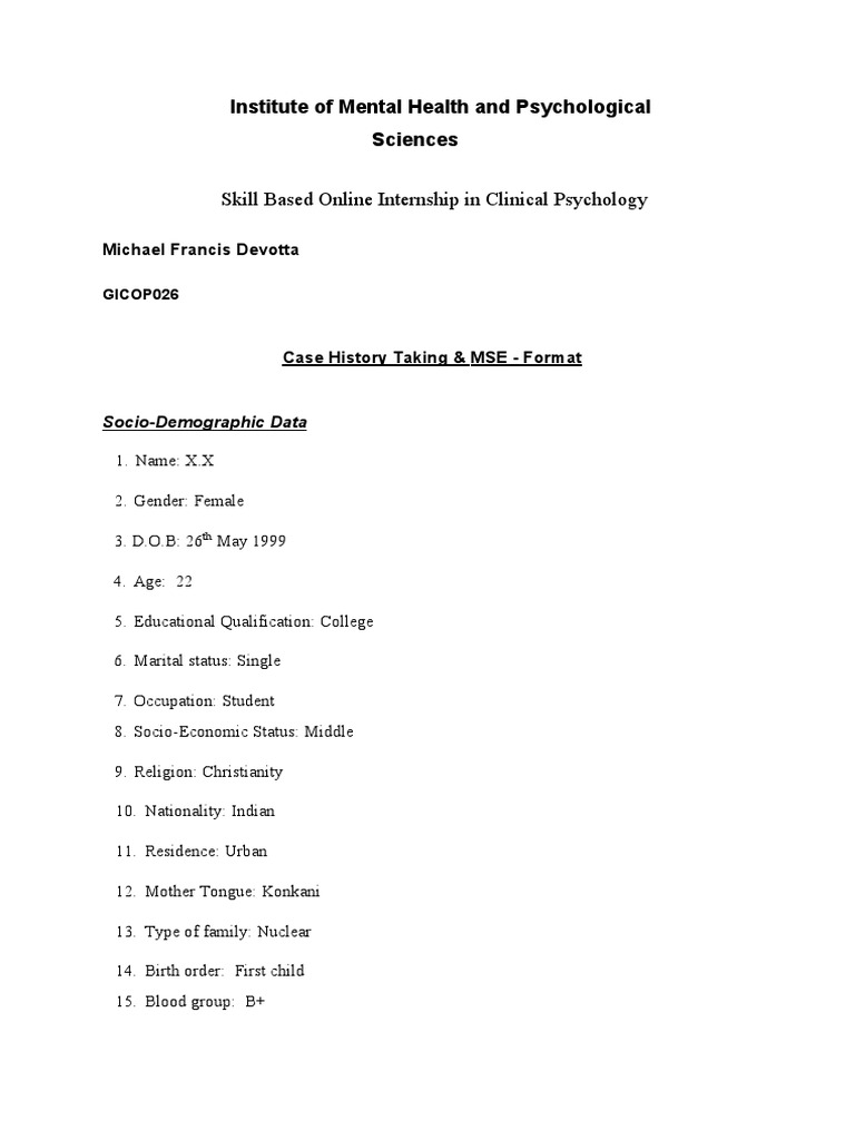 Case History and MSE Format Guide | PDF | Memory | Mental Health