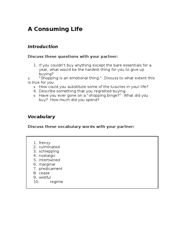 A Consuming Life: Discuss These Questions With Your Partner | PDF ...