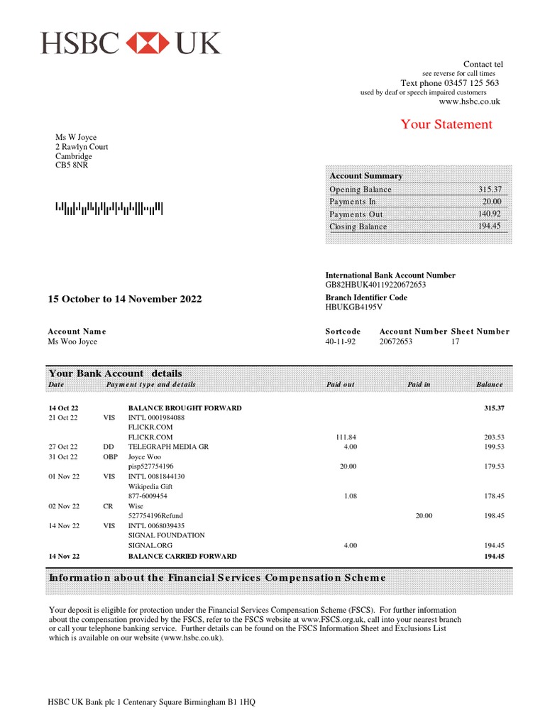 2022 11 14 - Statement | PDF | Overdraft | Transaction Account