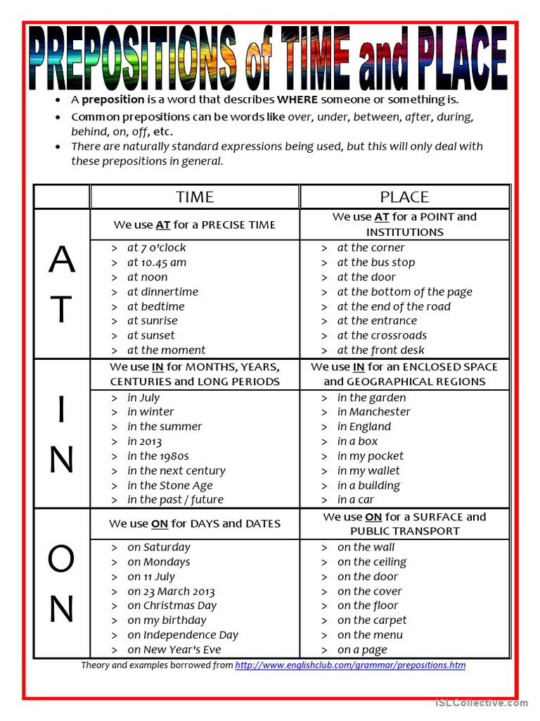 Prepositions of Time and Place (In, On, At) | PDF