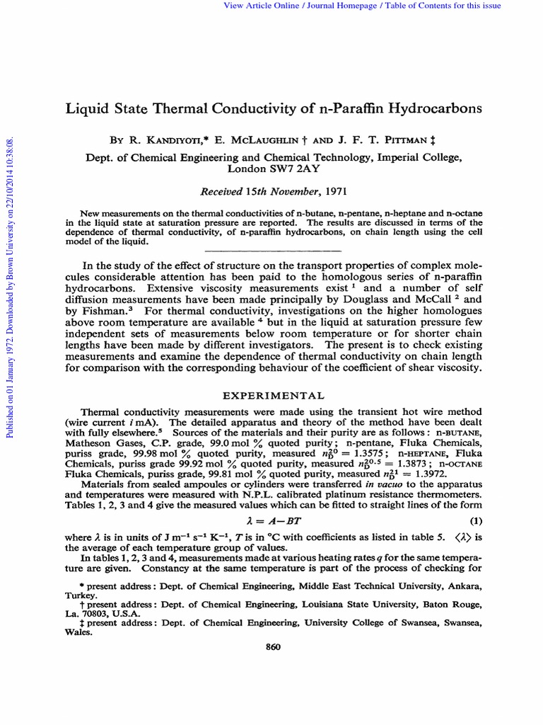 Liquid State Thermal Conductivity of N-Paraffin Hydrocarbons | PDF | Thermal Conductivity ...
