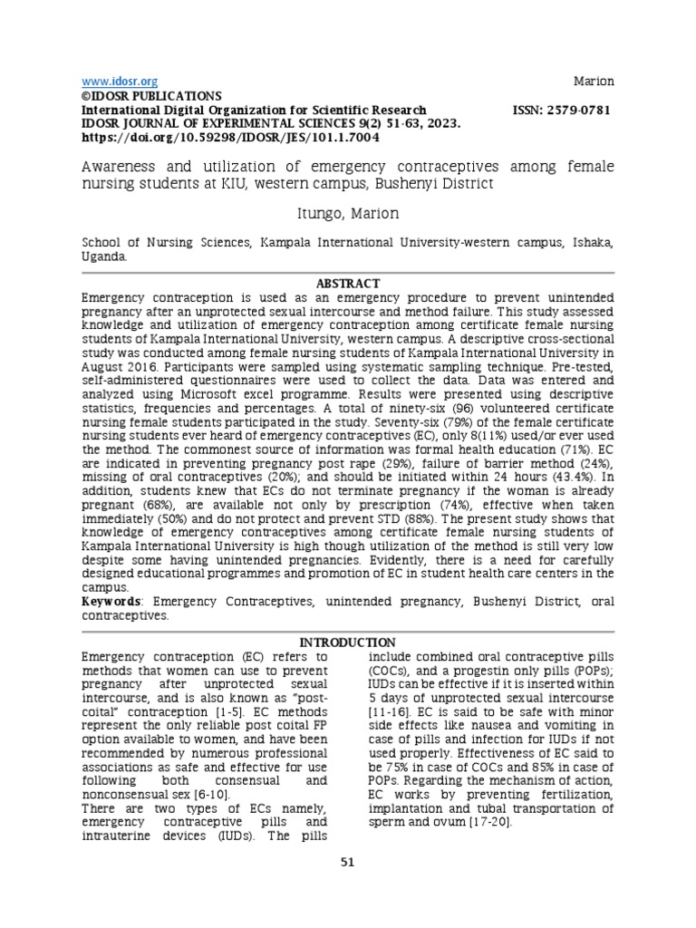 Awareness and Utilization of Emergency Contraceptives Among Female ...