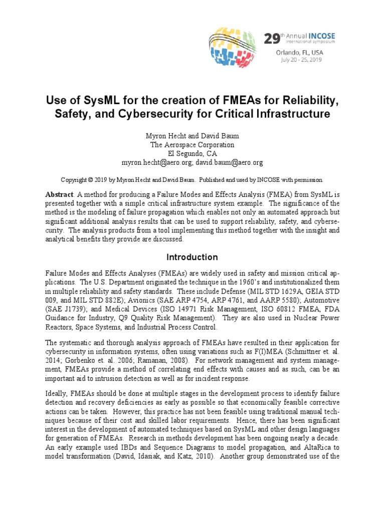 Use of Sysml For The Creation of Fmeas For Reliability, Safety, and Cybersecurity For Critical ...