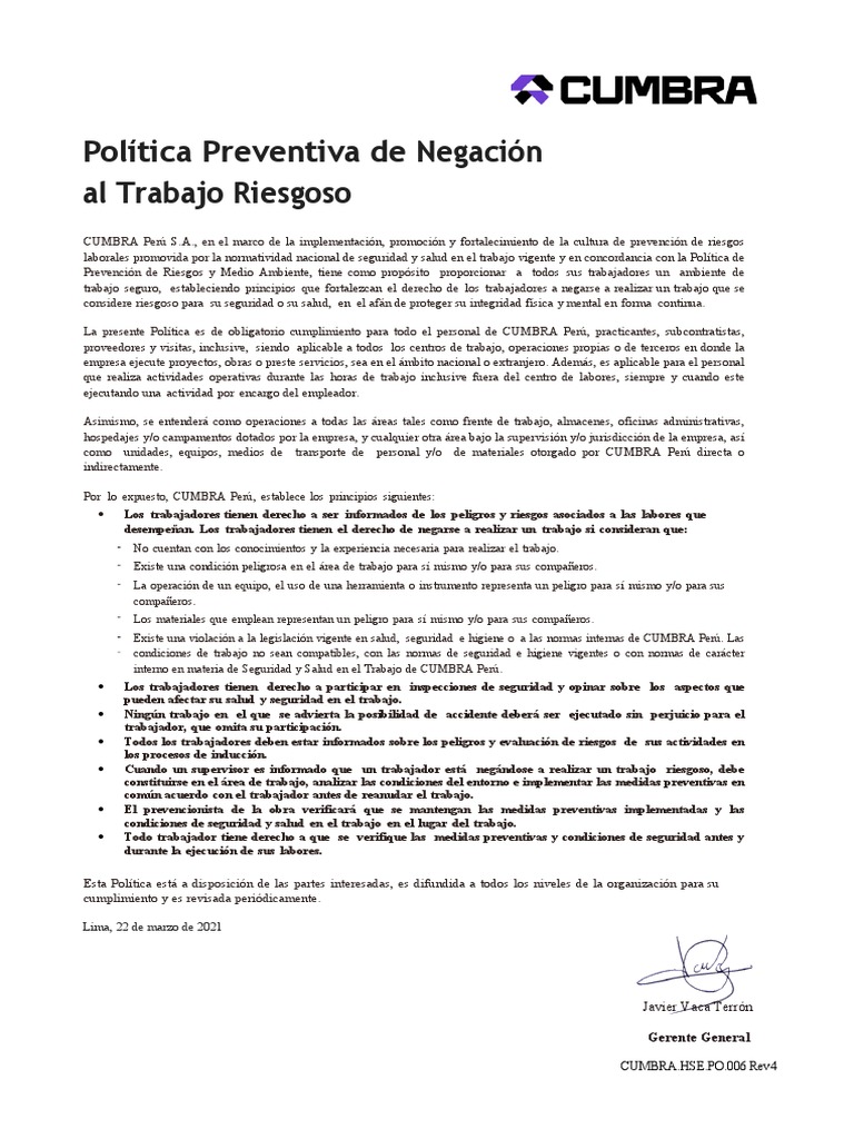 CUMBRA - HSE.PO.006 Pol - Prev.Neg - Traba.riesg - Rev4 | PDF | Perú