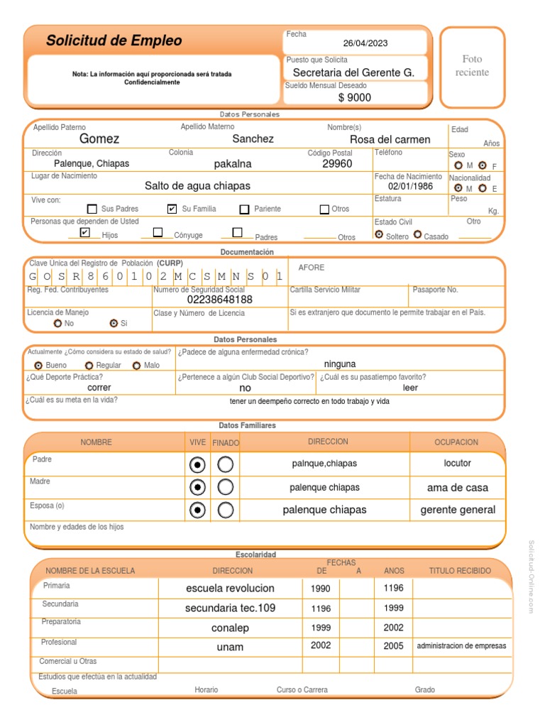 Solicitud de empleo para el puesto de Secretaria del Gerente General | PDF