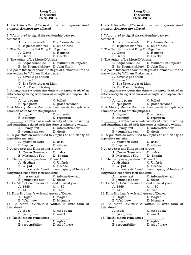 Summative Test Q1 | PDF | Beowulf | Morgan Le Fay