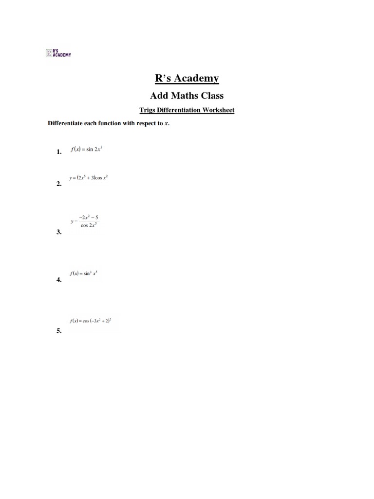 Add Maths Trigs Diff Worksheet | PDF | Teaching Methods & Materials