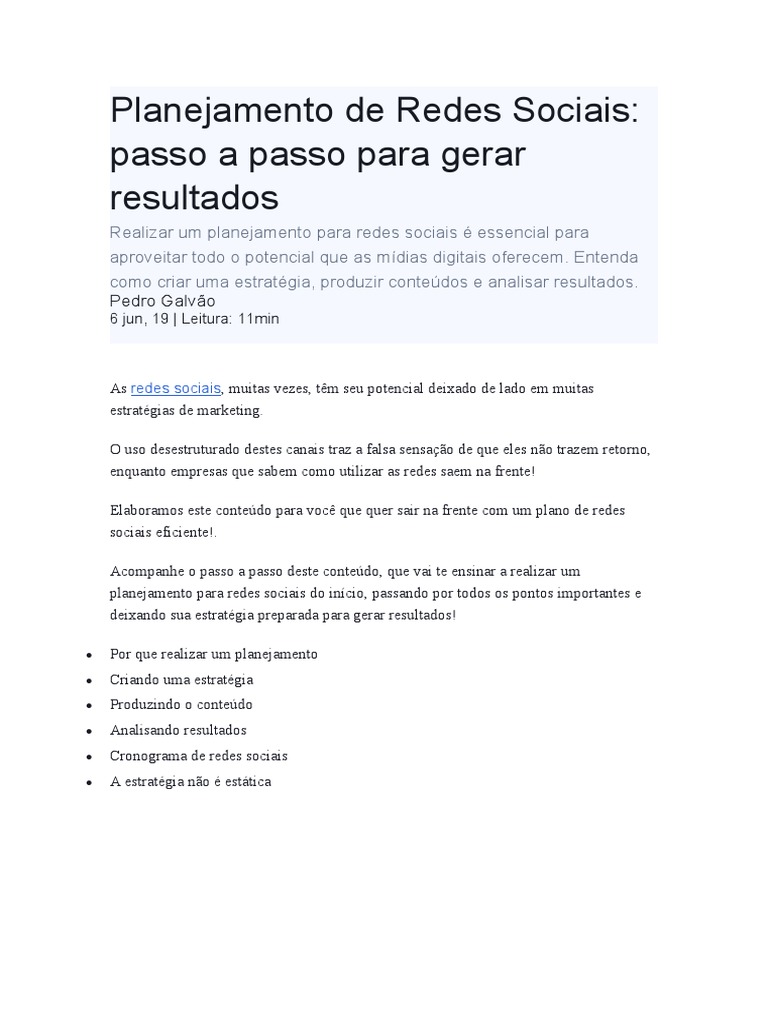 Planejamento de Redes Sociais | PDF | Rede social | Marketing