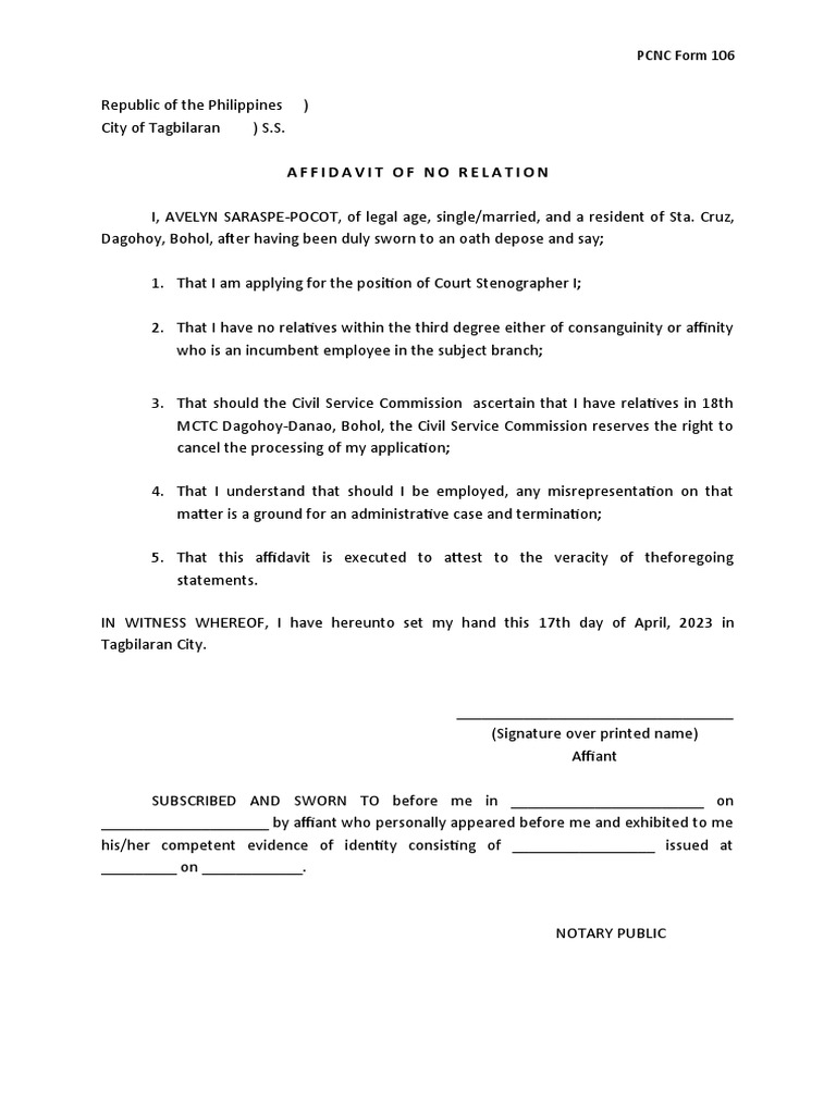 Form 106 Affidavit of No Relation | PDF
