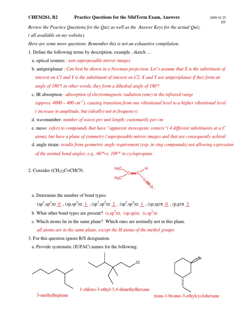 Chem261, B2 Practice Questions For The Midterm Exam, Answers | PDF | Molecular Orbital ...