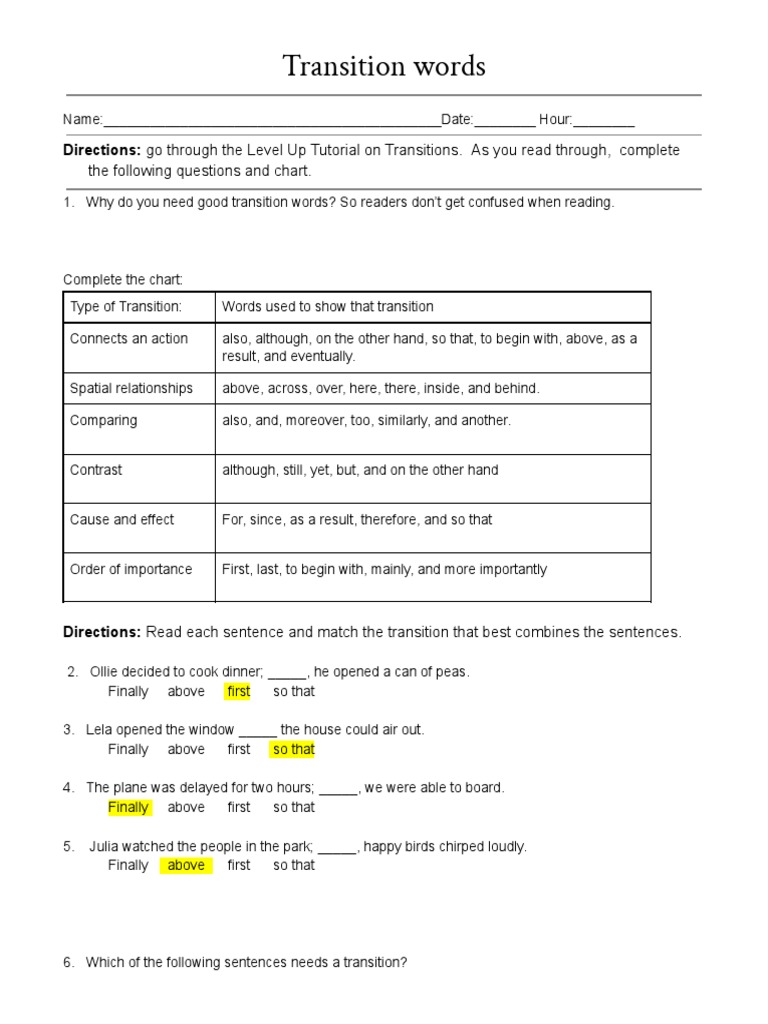 Transition Words: The Following Questions and Chart | PDF | Healthy Diet