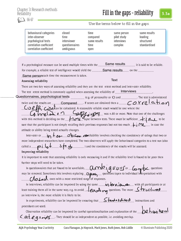 2ed Y2 66-67 3-3a Fill in The Gaps - Reliability | PDF | Intelligence Quotient | Psychological ...
