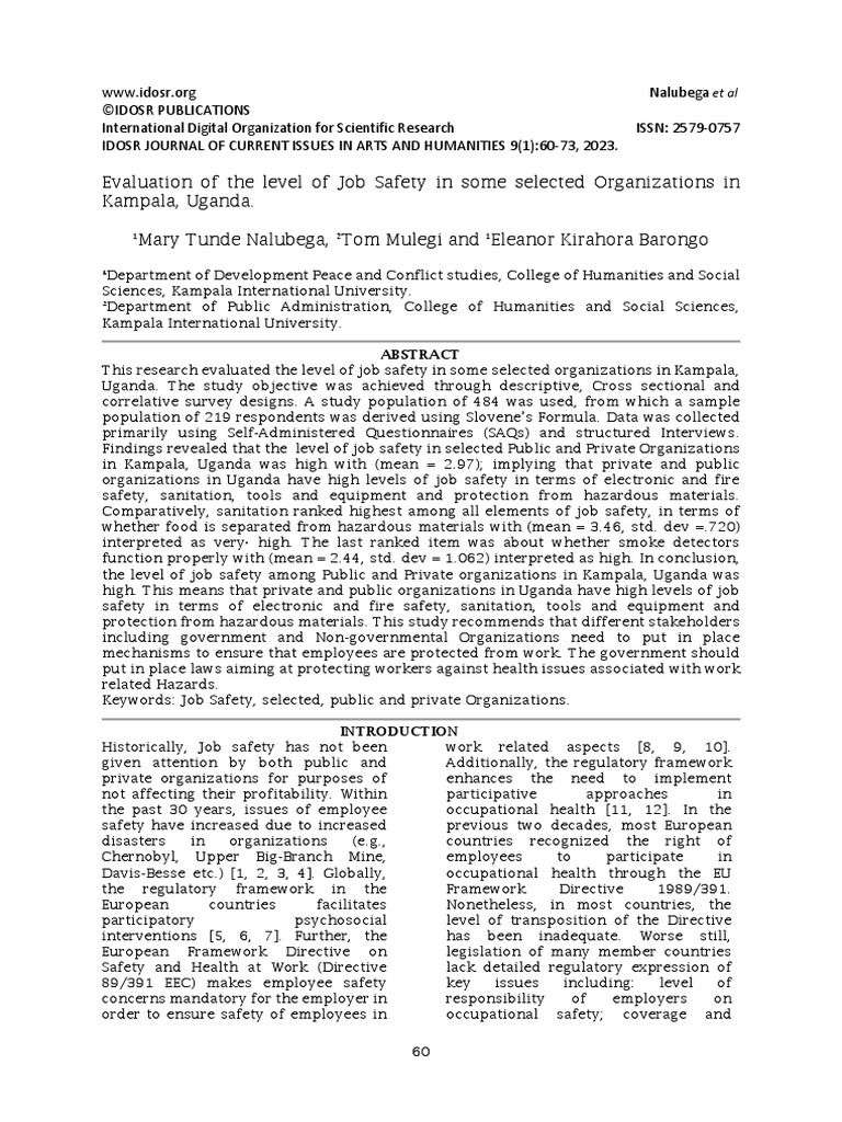 Evaluation of The Level of Job Safety in Some Selected Organizations in ...