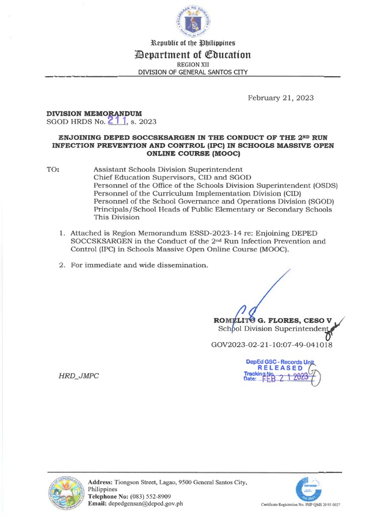 Divison Memo No. 211 S. 2023 Enjoining Deped Soccsksargen in The ...