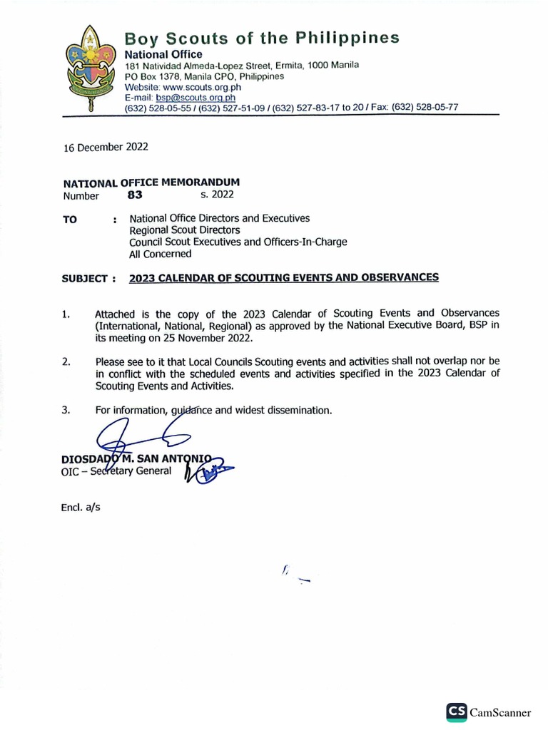 BSP NO Memorandum No.83 S. 2022 2023 Calendar of Scouting Events and ...